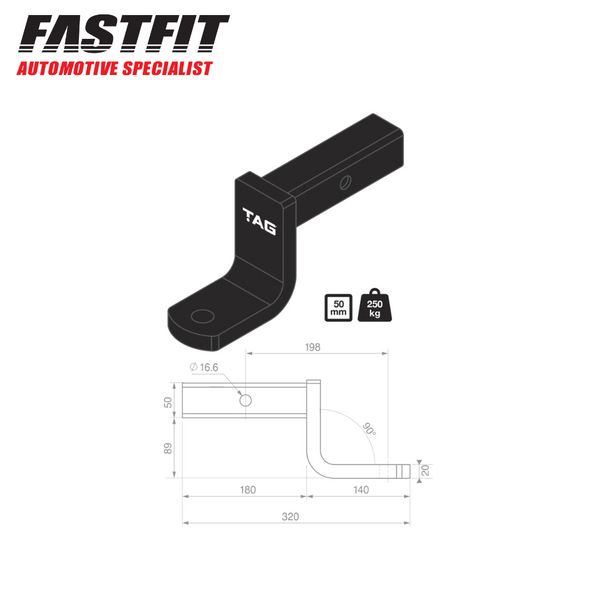TAG Tow Ball Mount - 198mm Long, 90Â° Face, 50mm Square Hitch - Custom ...