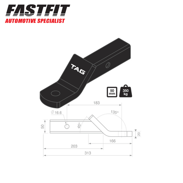 TAG Tow Ball Mount - 183mm Long, 135Â° Face, 50mm Square Hitch - Custom ...
